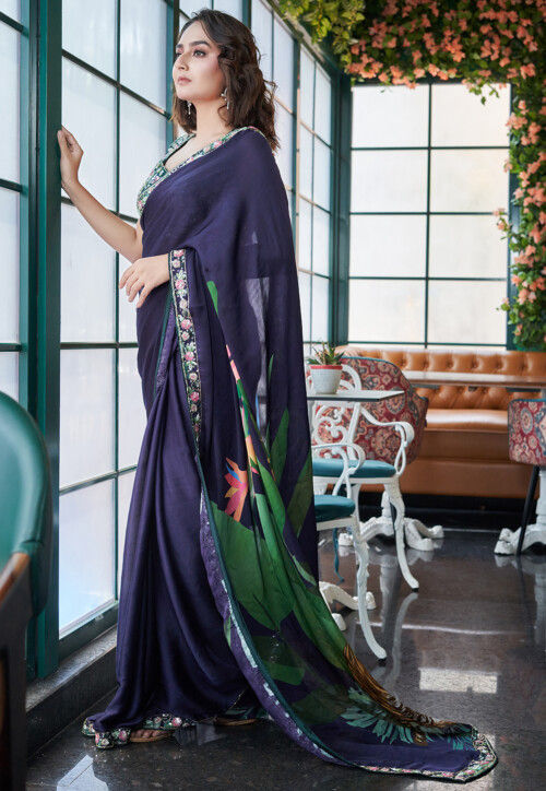 Buy Digital Printed Chinon Crepe Saree in Navy Blue Online : SHDA737 ...