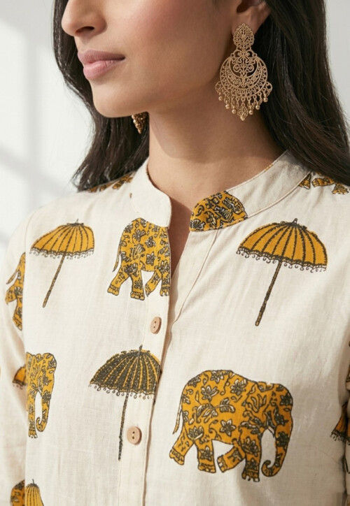 Buy Digital Printed Cotton A Line Kurta Set in Off White Online : TKE22 ...