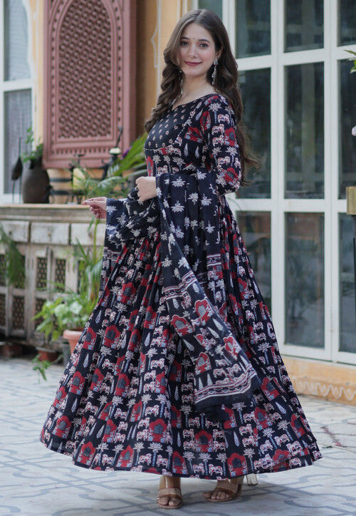 Buy Digital Printed Cotton A Line Suit in Black Online : KQU5183 ...