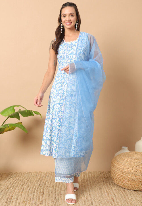 Buy Digital Printed Cotton A Line Suit in Light Blue Online : KJC4478 ...