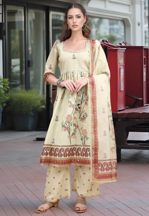 Buy Digital Printed Cotton A Line Suit in Light Green Online : KHX125 ...