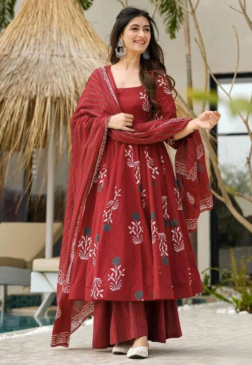 Buy Digital Printed Cotton A Line Suit in Maroon Online : KFA250 ...