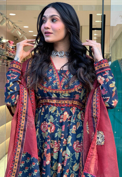 Buy Digital Printed Cotton A Line Suit in Navy Blue Online : KJC6654 ...