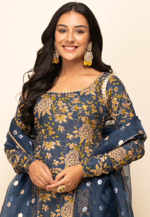 Buy Digital Printed Cotton A Line Suit in Navy Blue Online : KQU5093 ...