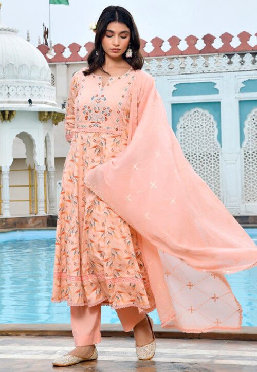 Buy Digital Printed Cotton A Line Suit in Peach Online : KJN4679 ...