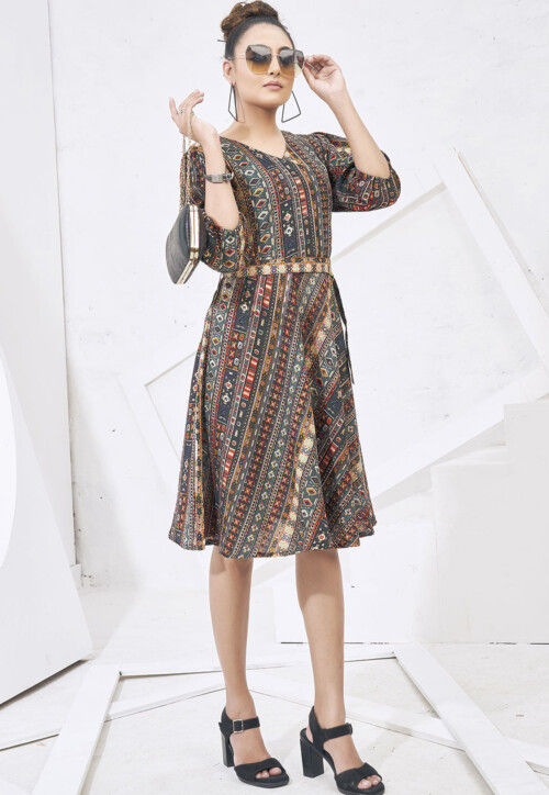 Buy Digital Printed Cotton Aline Dress in Grey Online : TPA3316 - Utsav ...