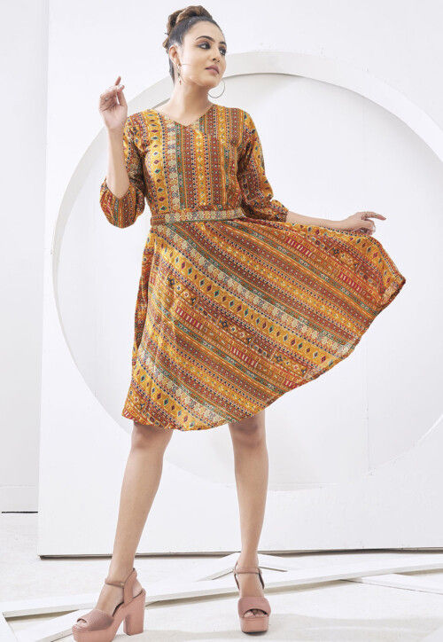 Buy Digital Printed Cotton Aline Dress in Mustard Online : TPA3315 ...