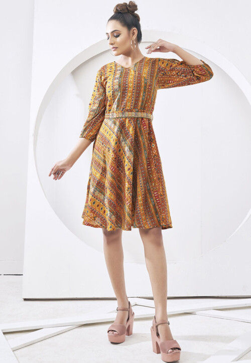 Buy Digital Printed Cotton Aline Dress in Mustard Online : TPA3315 ...