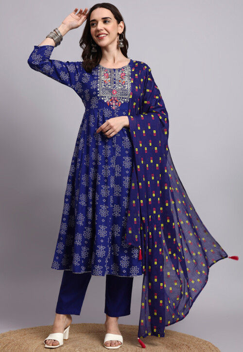 Buy Digital Printed Cotton katha A Line Suit in Blue Online : KCU1071 ...