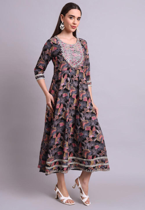 Buy Digital Printed Cotton Long Kurta in Black Online : TBF348 - Utsav ...