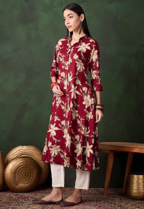 Buy Digital Printed Cotton Long Kurta in Maroon Online : TBU50 - Utsav ...