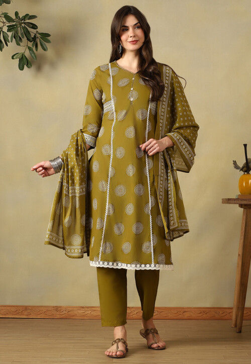 Buy Digital Printed Cotton Pakistani Suit in Olive Green Online ...
