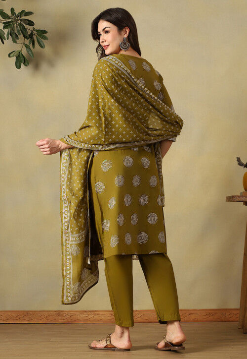 Buy Digital Printed Cotton Pakistani Suit in Olive Green Online ...