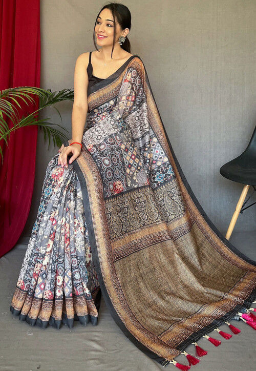 Buy Digital Printed Cotton Saree in Grey Online : SPF9224 - Utsav Fashion
