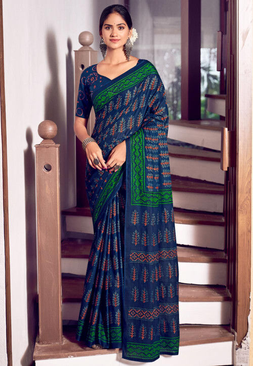 Buy Digital Printed Cotton Saree in Navy Blue Online : SPCA1087 - Utsav ...
