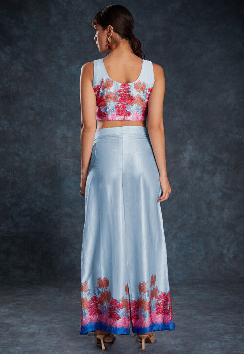 Buy Digital Printed Cotton Satin Crop Top Set in Light Blue Online ...