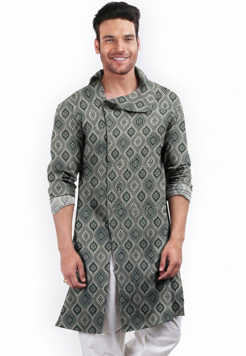 Buy Digital Printed Cotton Satin Front Slit Kurta in Dusty Green Online ...