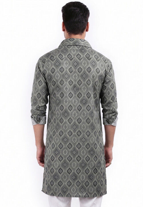 Buy Digital Printed Cotton Satin Front Slit Kurta in Dusty Green Online ...