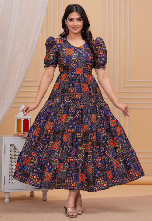 Buy Digital Printed Cotton Tiered Dress in Navy Blue Online : TAV25 ...