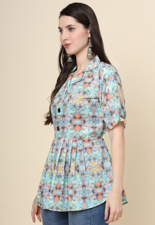 Buy Digital Printed Cotton Top in Teal Blue Online : TPA3625 - Utsav ...