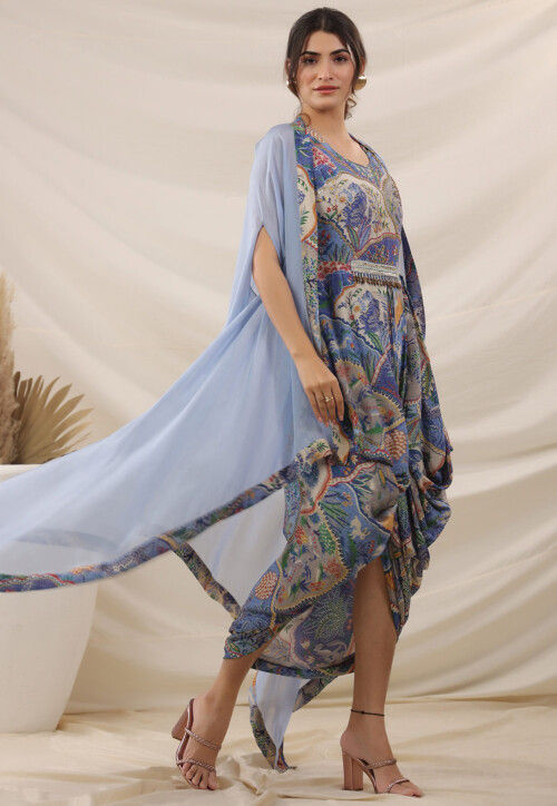 Buy Digital Printed Crepe Drape Gown in Dusty Blue and Beige Online ...