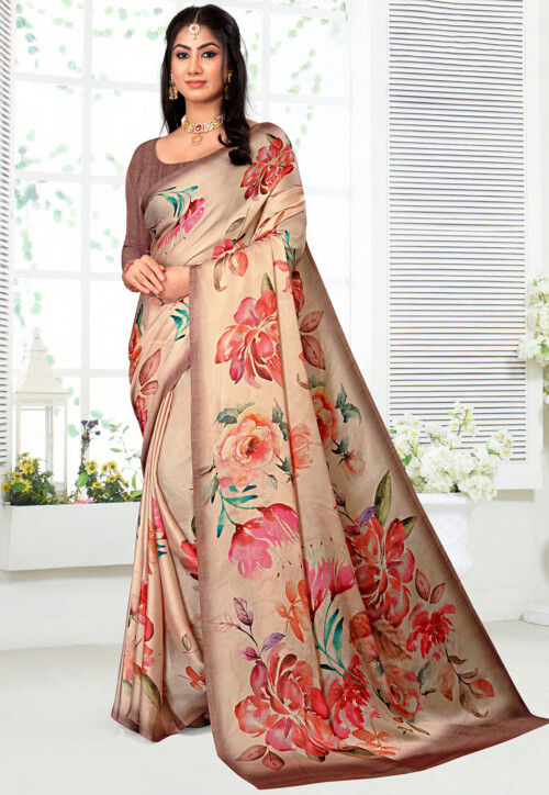 Buy Digital Printed Crepe Saree in Beige Online : SEW16029 - Utsav Fashion
