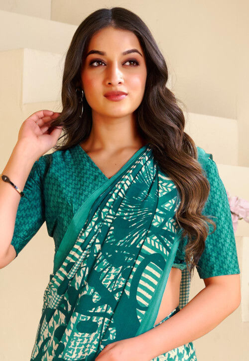 Buy Digital Printed Crepe Saree in Cream and Teal Green Online ...
