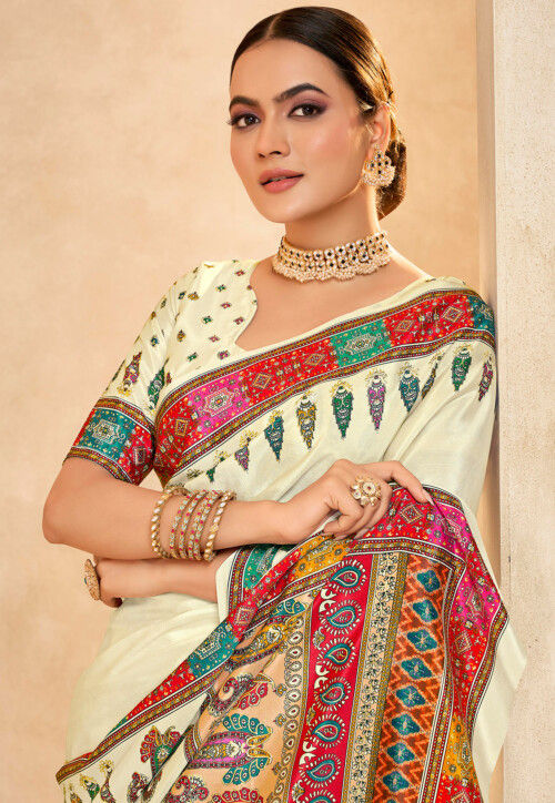 Buy Digital Printed Crepe Saree in Cream Online : SCEA350 - Utsav Fashion