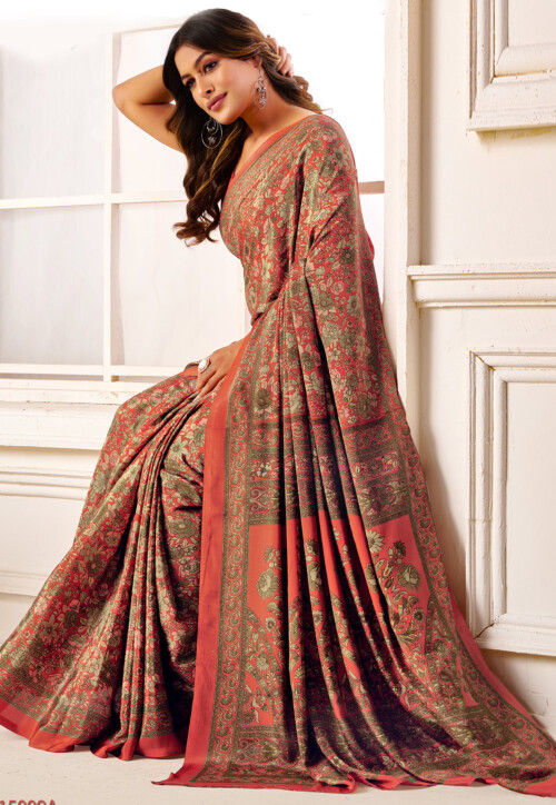 Buy Digital Printed Crepe Saree in Dark Peach Online : SEW16019 - Utsav ...