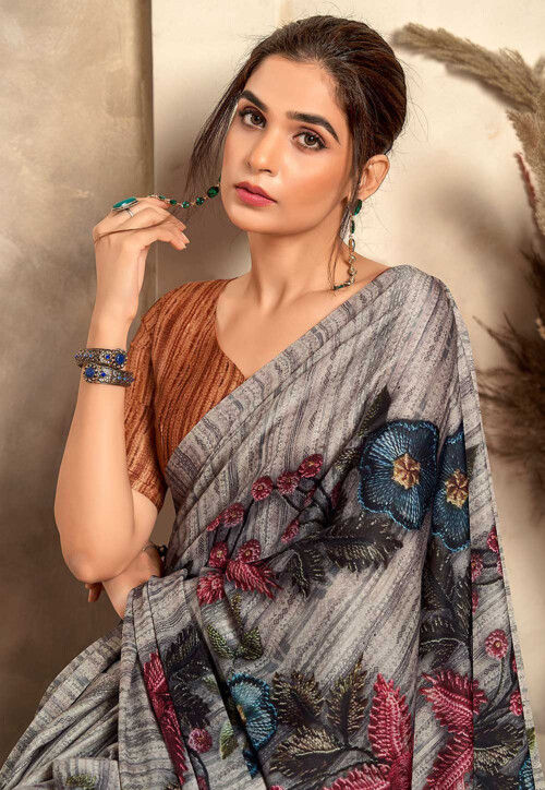 Buy Digital Printed Crepe Saree in Grey Online : SPF10492 - Utsav Fashion