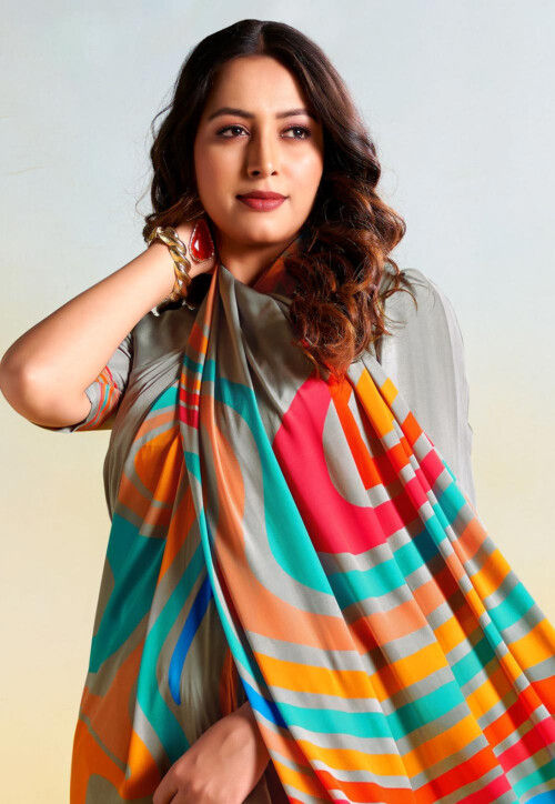 Buy Digital Printed Crepe Saree in Grey Online : STS8742 - Utsav Fashion