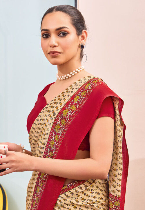 Buy Digital Printed Crepe Saree in Light Beige Online : SEJ581 - Utsav ...