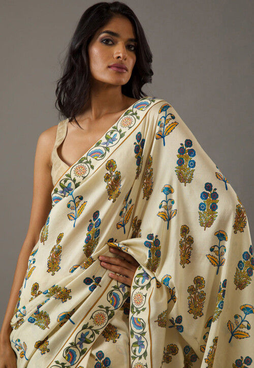 Buy Digital Printed Crepe Saree in Light Beige Online : SPTA14950 ...