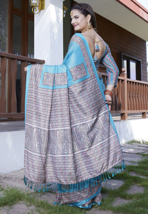 Buy Digital Printed Crepe Saree in Light Blue Online : SPF14980 - Utsav ...