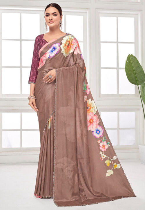 Buy Digital Printed Crepe Saree in Light Brown Online : SEW16425 ...
