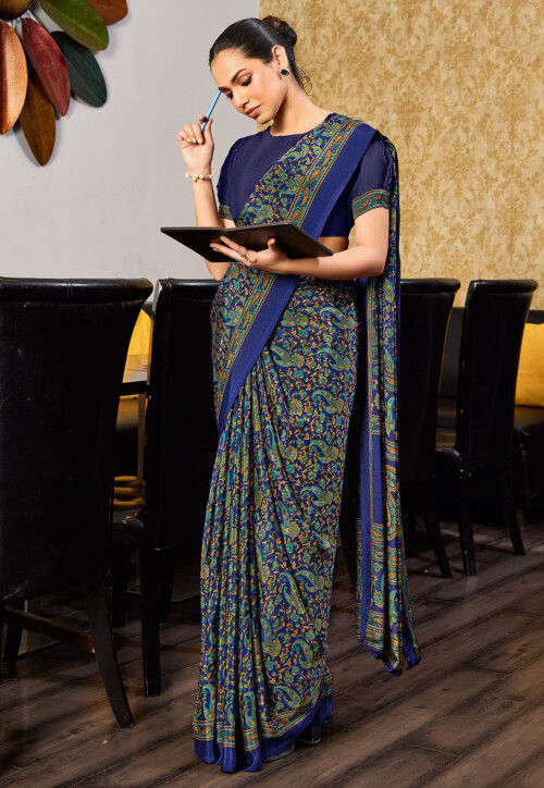 Buy Digital Printed Crepe Saree in Navy Blue Online : SEJ579 - Utsav ...