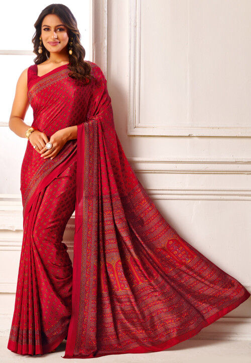 Buy Digital Printed Crepe Saree in Red Online : SEW16012 - Utsav Fashion