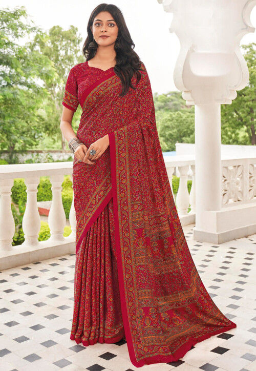 Buy Digital Printed Crepe Saree in Red Online : SSF25051 - Utsav Fashion