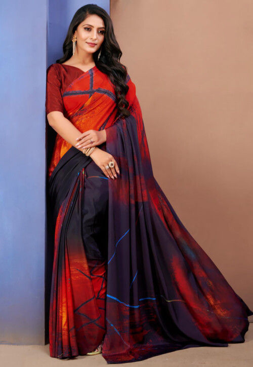 Buy Digital Printed Crepe Saree in Shaded Orange and Navy Blue Online ...