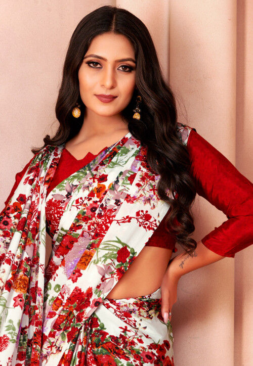 Buy Digital Printed Crepe Saree in White and Multicolor Online ...