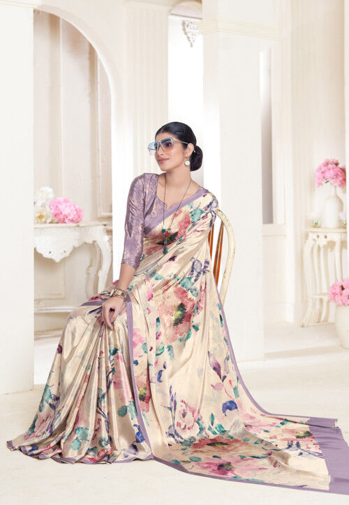 Buy Digital Printed Crepe Silk Saree in Beige Online : SCEA255 - Utsav ...