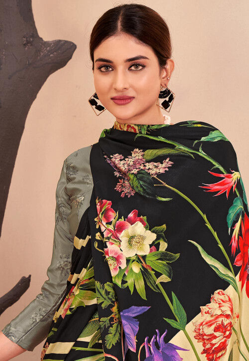 Buy Digital Printed Crepe Silk Saree in Black and Multicolor Online ...