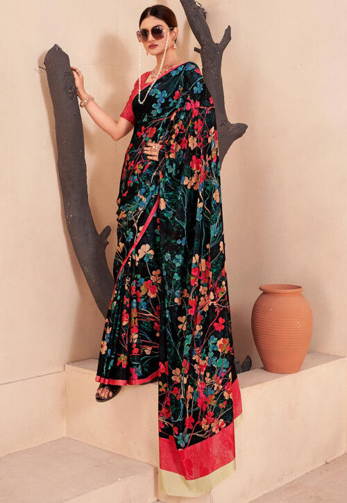 Buy Digital Printed Crepe Silk Saree in Black and Multicolor Online ...