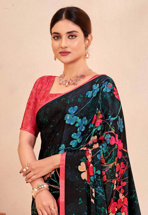 Buy Digital Printed Crepe Silk Saree in Black and Multicolor Online ...