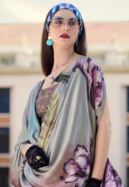 Buy Digital Printed Crepe Silk Saree in Grey Online : SPCA1378 - Utsav ...