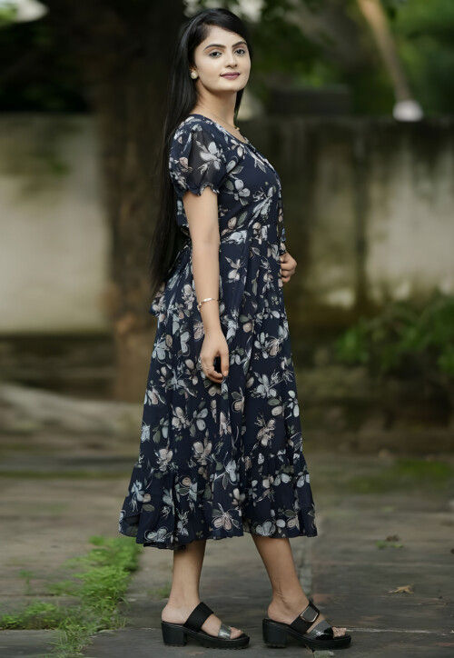 Buy Digital Printed Georgette Fit N Flare Dress in Navy Blue Online ...