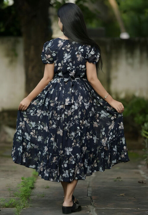Buy Digital Printed Georgette Fit N Flare Dress in Navy Blue Online ...