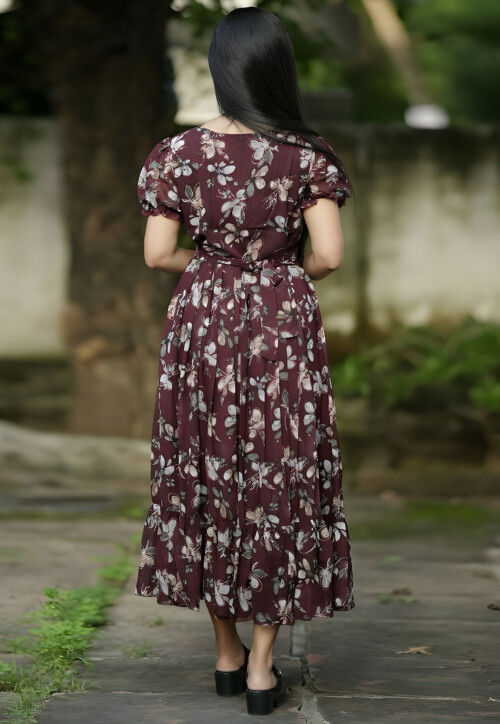 Buy Digital Printed Georgette Fit N Flare Dress in Wine Online ...