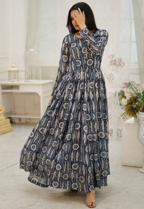Buy Digital Printed Georgette Long Kurta in Grey Online : TFJ168 ...