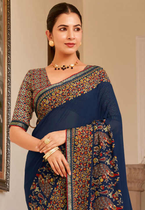 Buy Digital Printed Georgette Saree in Teal Blue Online : SSEA5428 ...